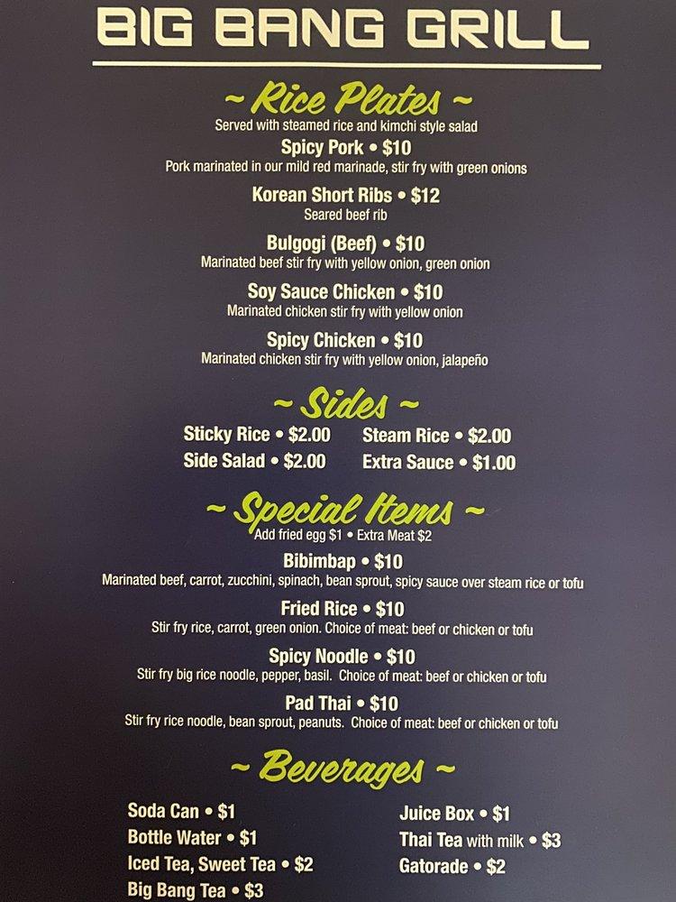 Menu at Big Bang Grill restaurant, Visalia, W Houston Ave