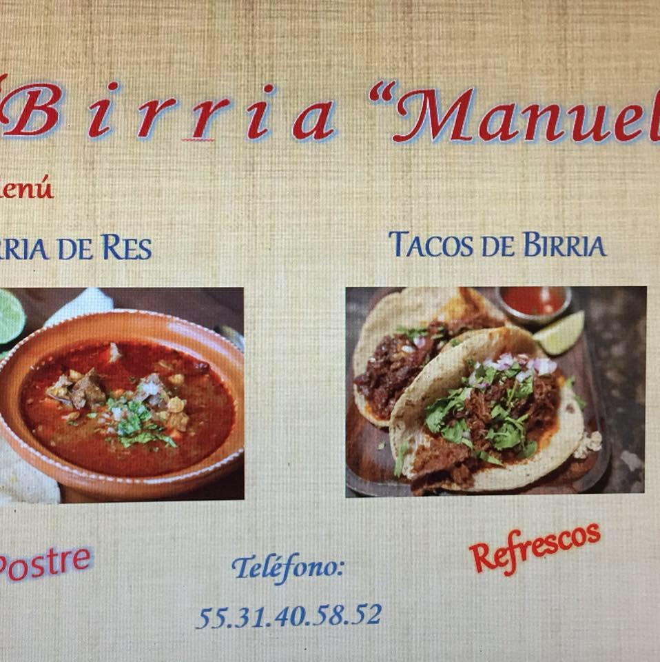 Menu at Birria Manuel restaurant, Mexico City