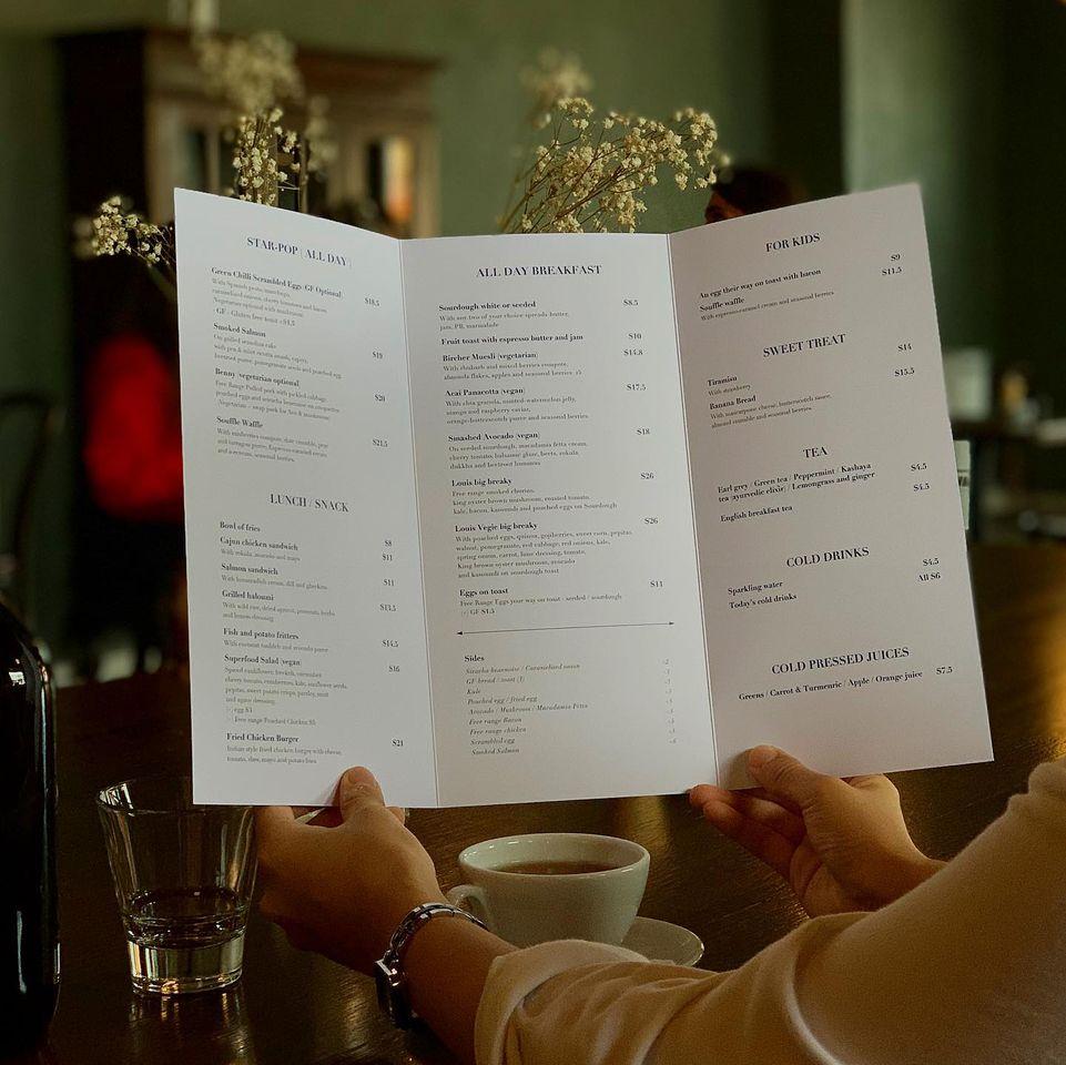 Menu at Cafe Louis Fitzroy, Fitzroy