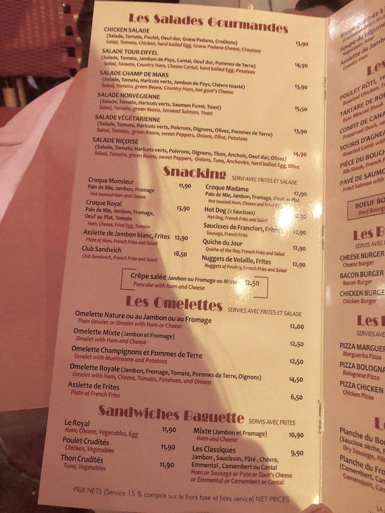 Menu at Castel Café, Paris, 5 Av. de Suffren