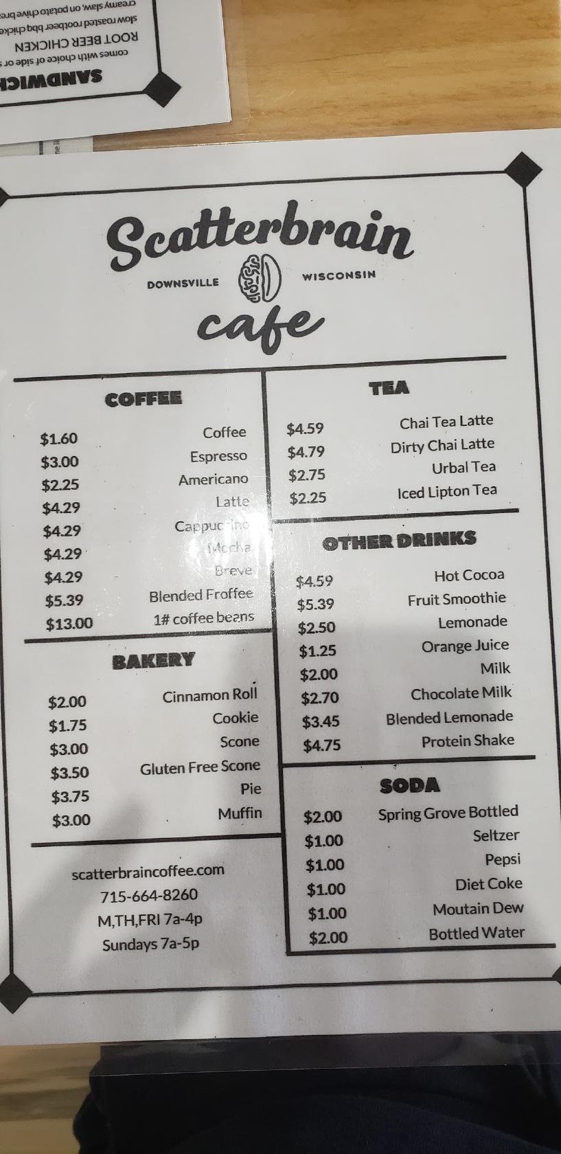 Menu at Scatterbrain Cafe, Downsville
