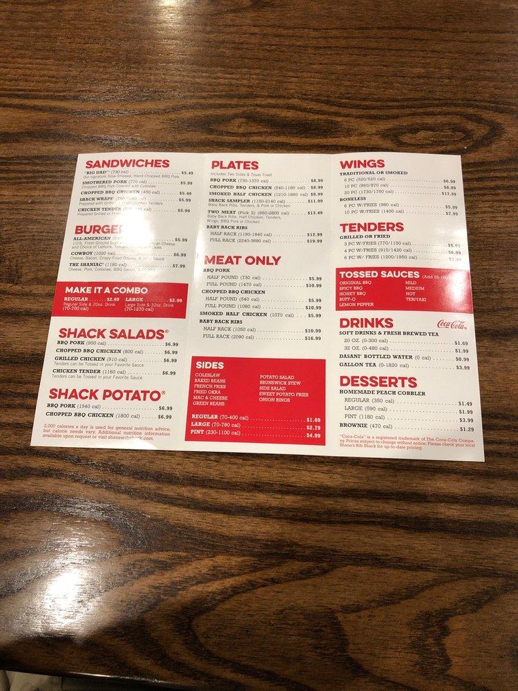 Menu at Shane's Rib Shack BBQ, Perry