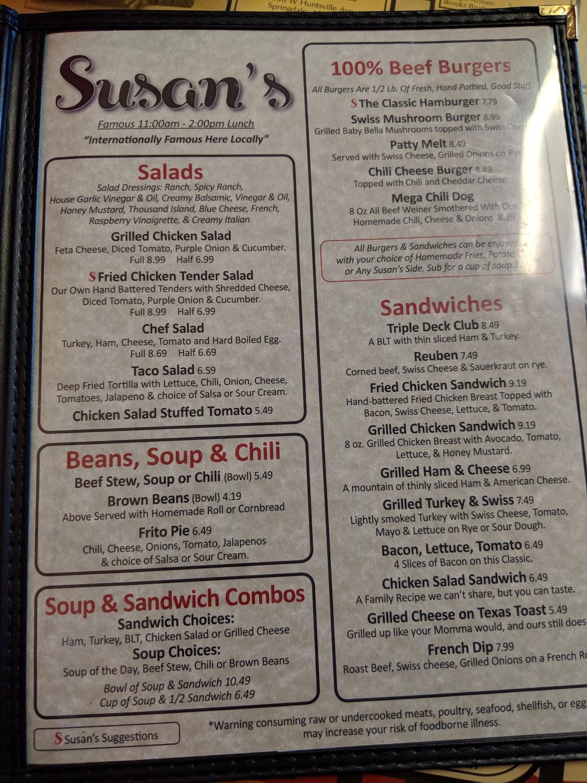 Menu at Susan's Restaurant, Springdale