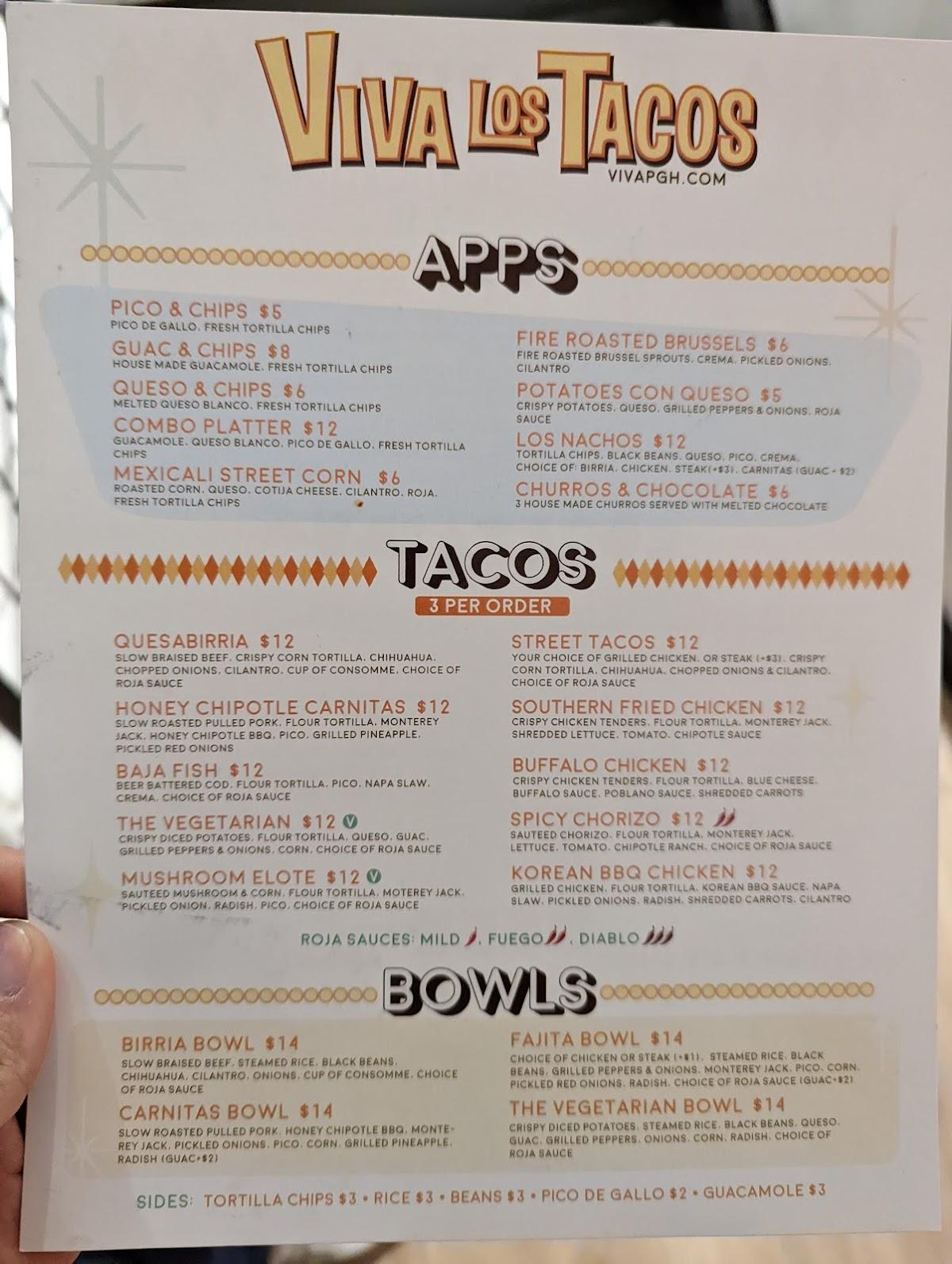 Menu at Viva Los Tacos restaurant, Pittsburgh