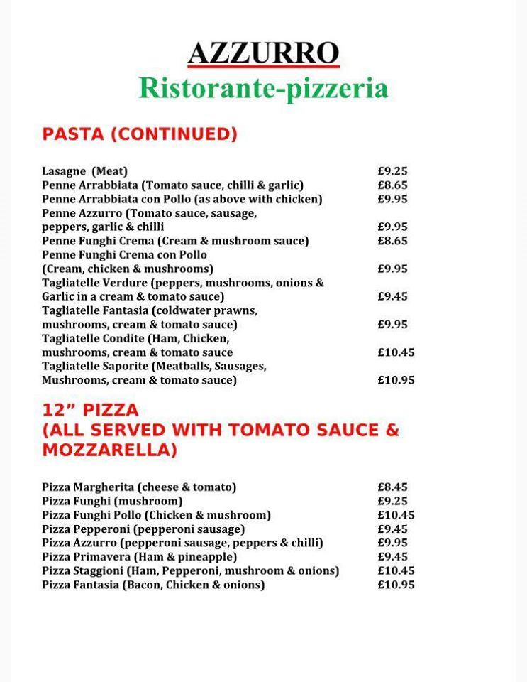 Menu at Azzurro Restaurant Pizzeria, Arbroath