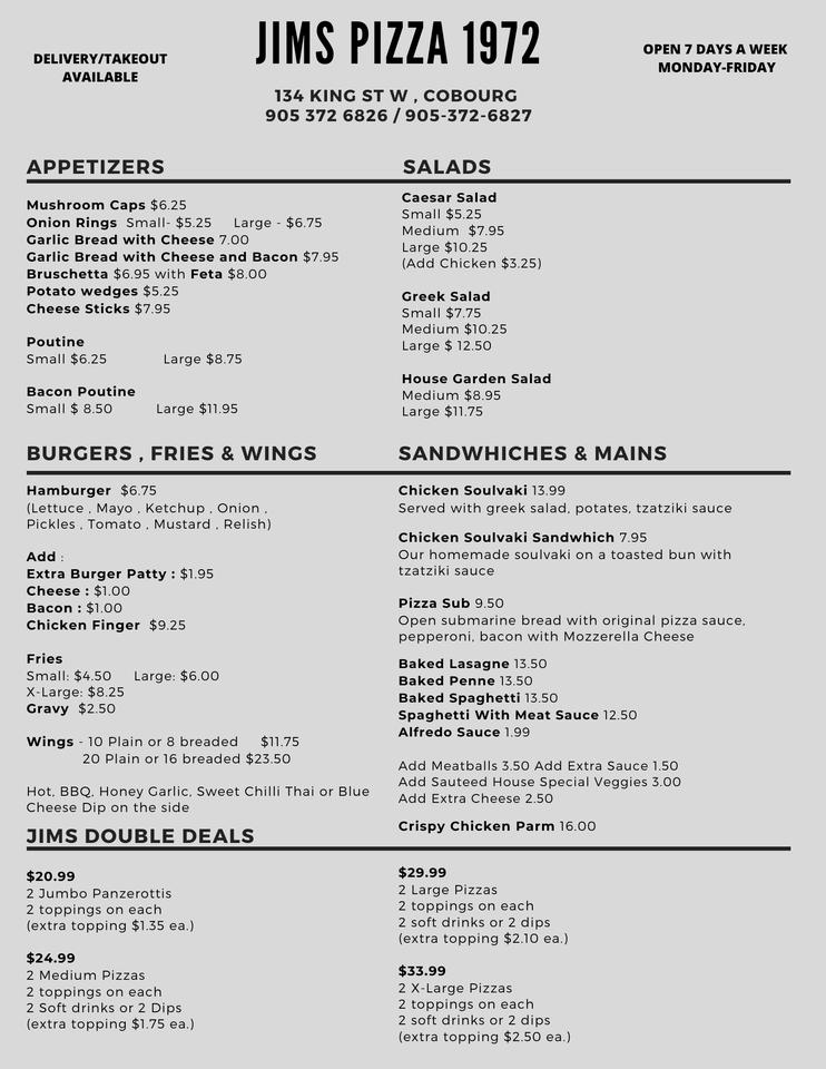 Menu at Jim's Pizza & Catering pizzeria, Cobourg