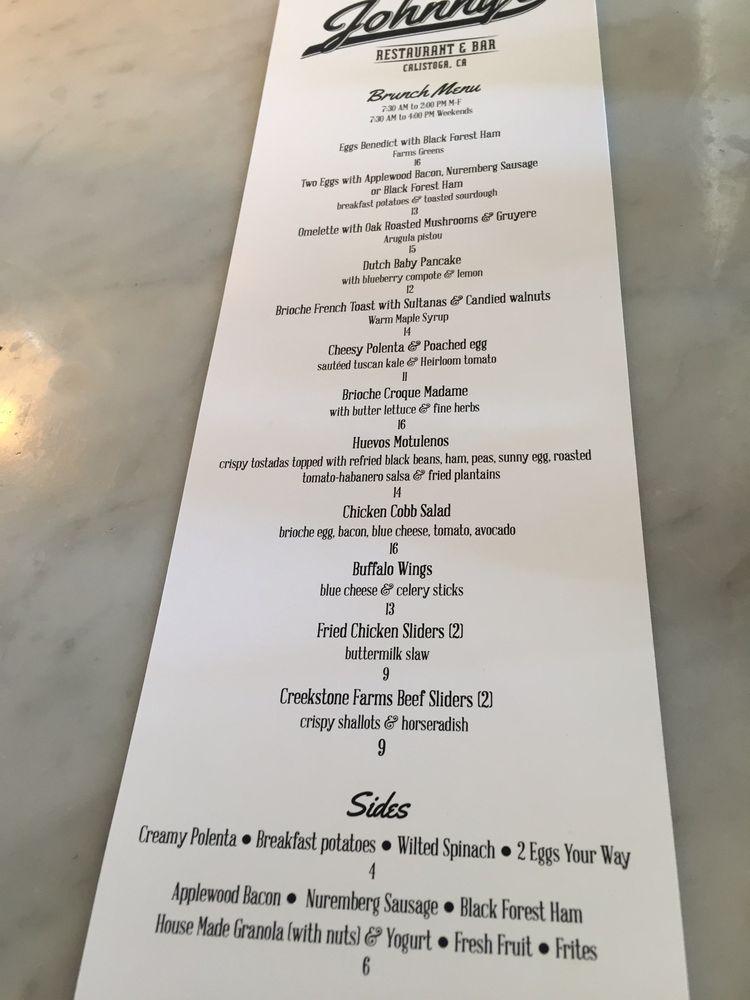 Menu at Johnny's pub & bar, Calistoga