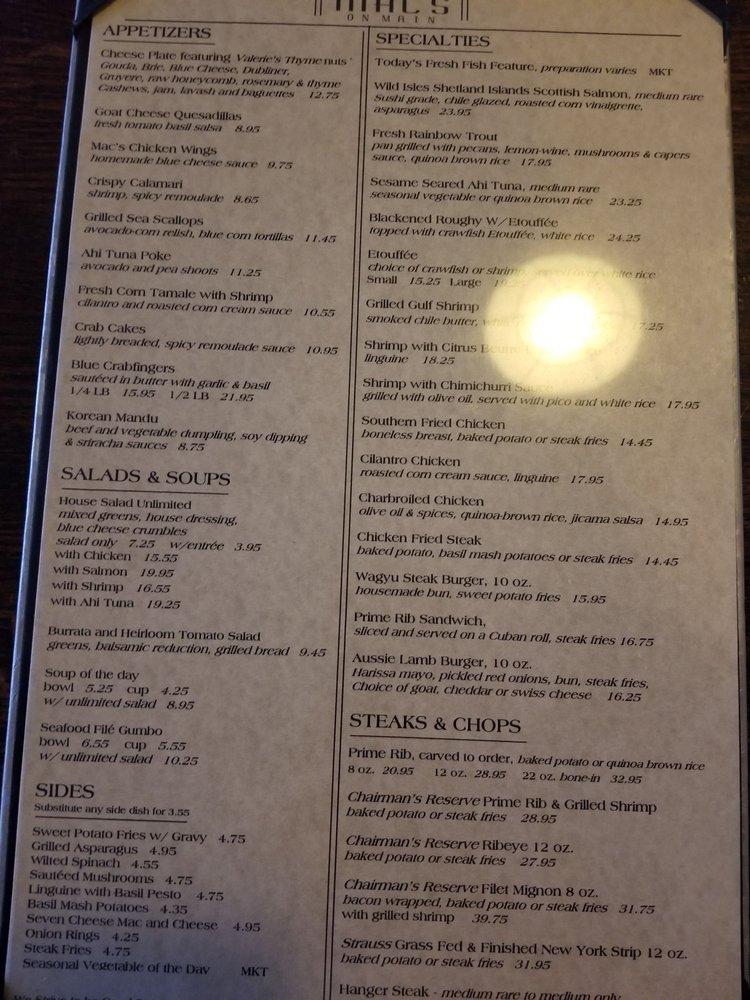 Menu at Mac's On Main steakhouse, Grapevine, 909 S Main St #110