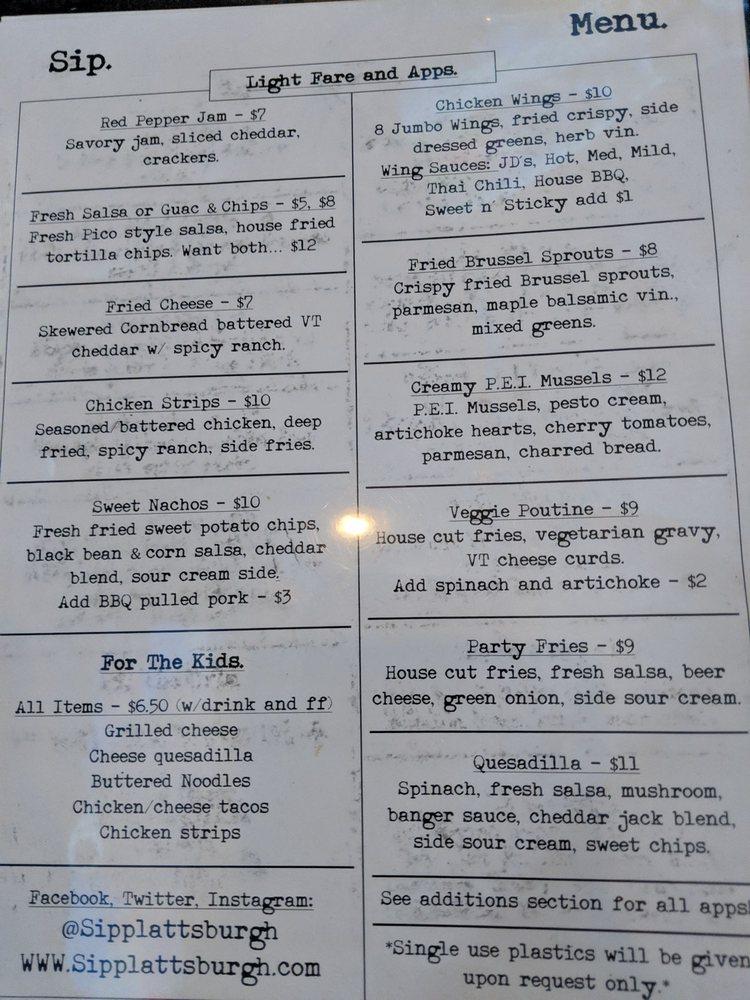 Menu at Sip pub & bar, Plattsburgh