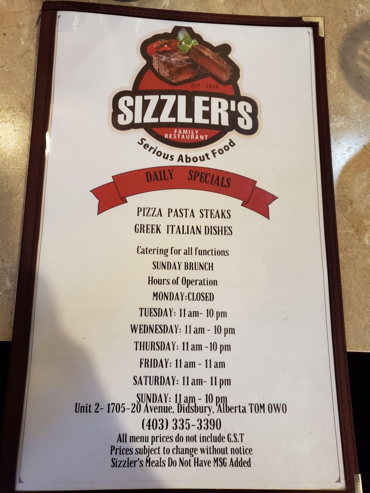 Menu at Sizzler's Family Restaurant, Didsbury