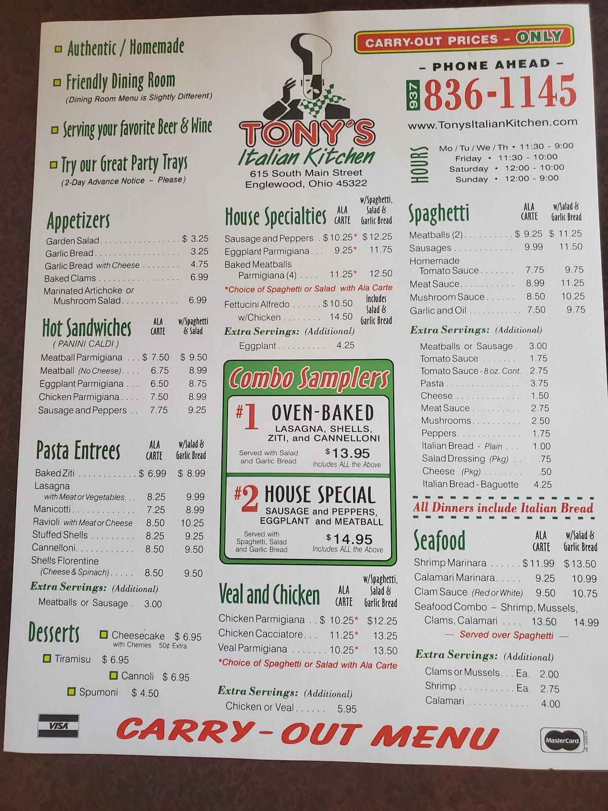 Menu at Tony's Italian Kitchen restaurant, Englewood