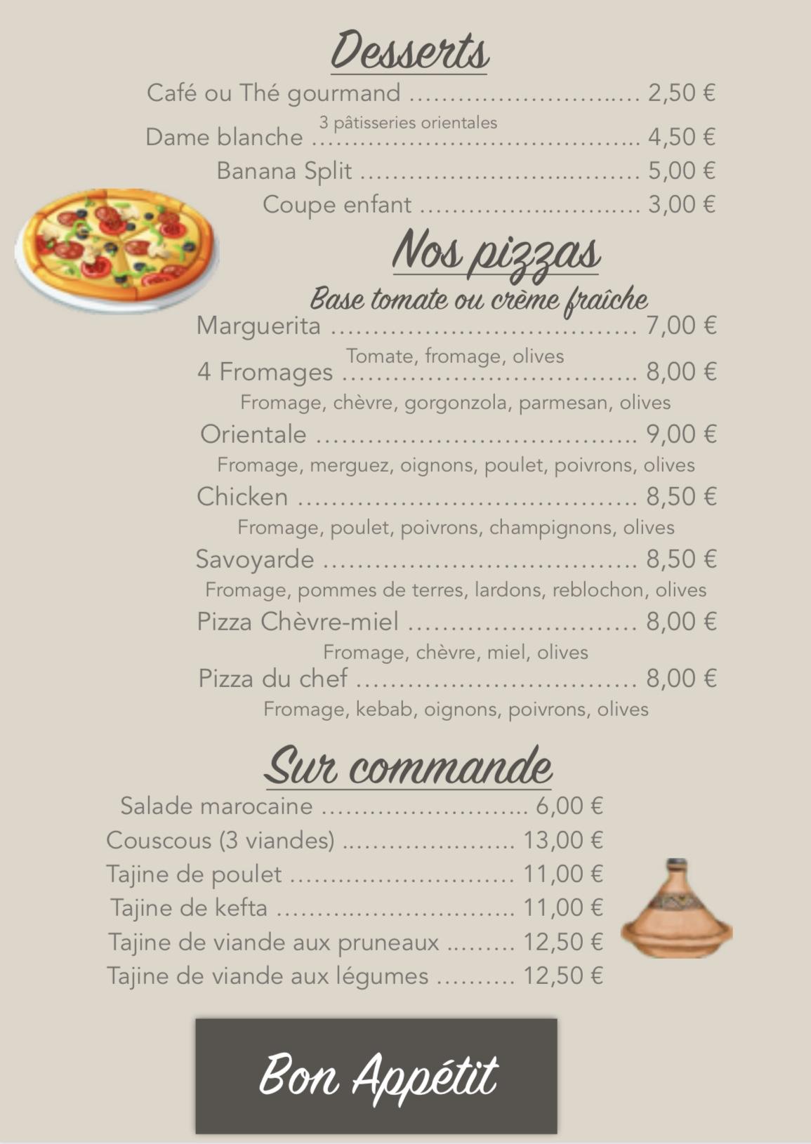 Menu at Chez Abdel restaurant, Les Hautes-Rivières