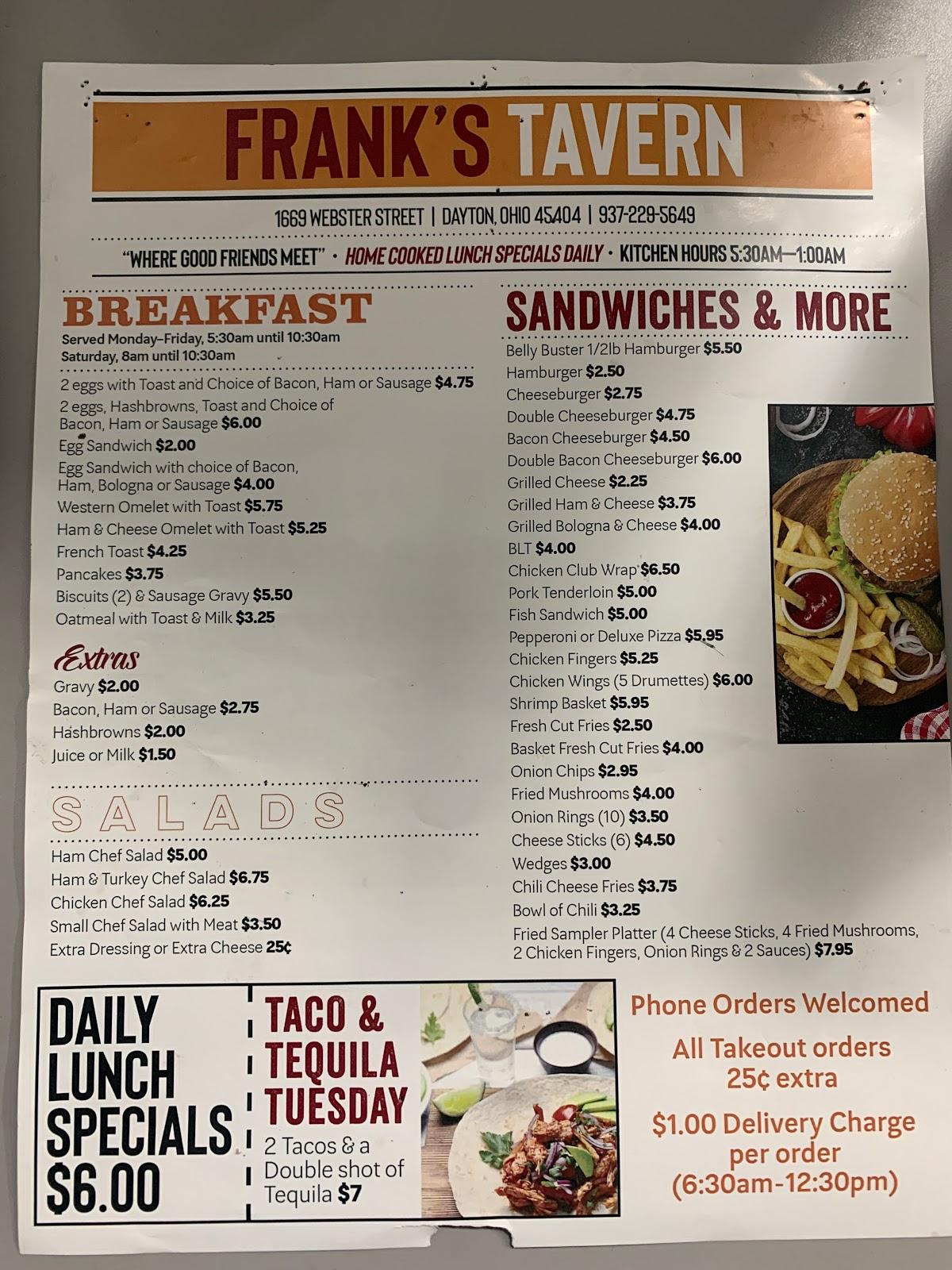 Menu at Frank's Tavern and Bar, Dayton