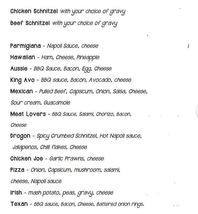 Menu at G & T Schnitzel Bar, Merbein, 89 Game St