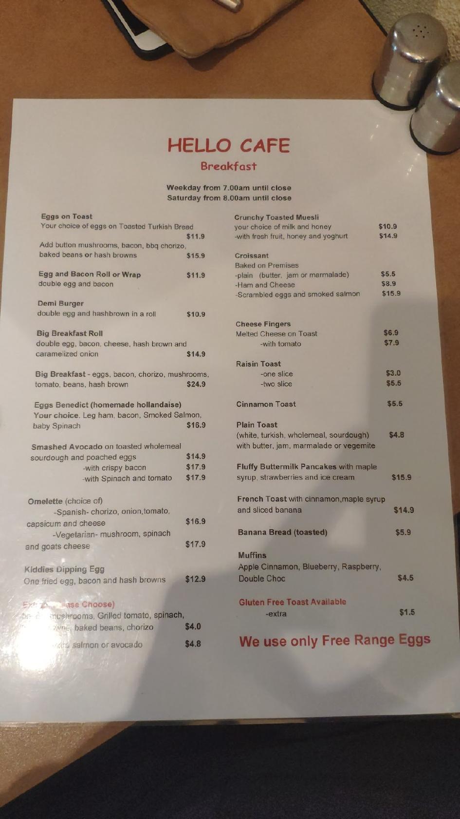 Menu at Hello Cafe, Campbell