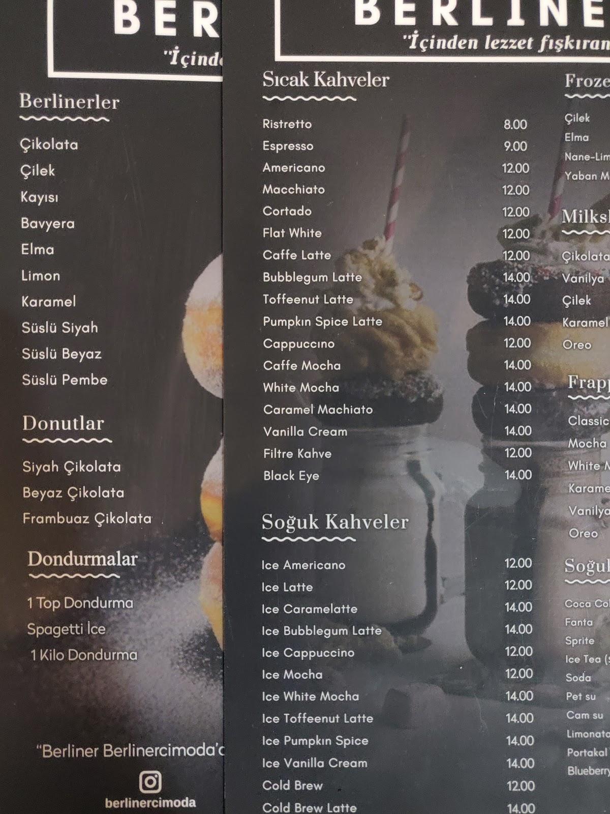 Menu at Moda Berliner & Donut Cafe, Istanbul, Dalga Sk. 7 A