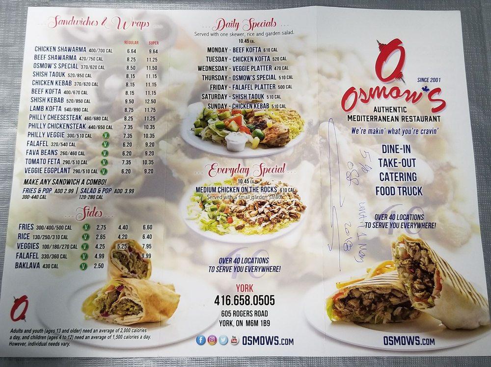 Menu at Osmow's restaurant, Toronto, Rogers Road
