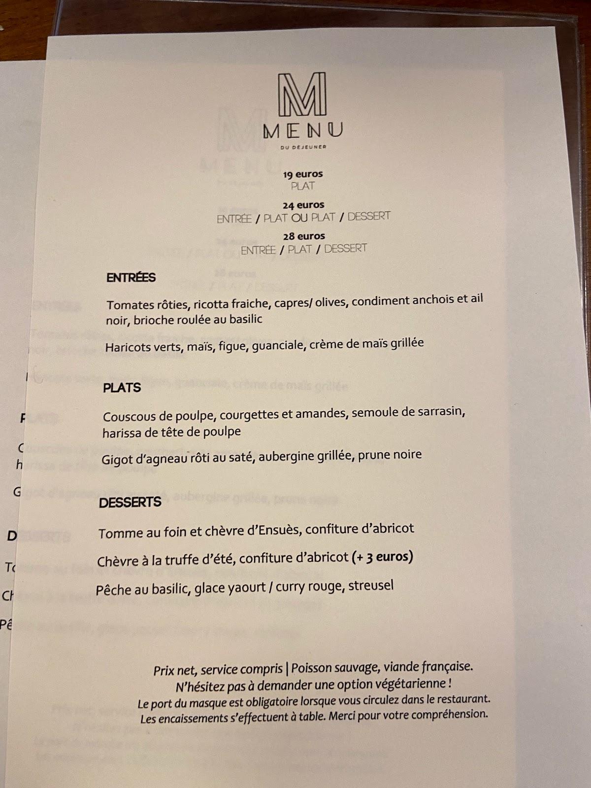Menu au Ourea restaurant, Marseille