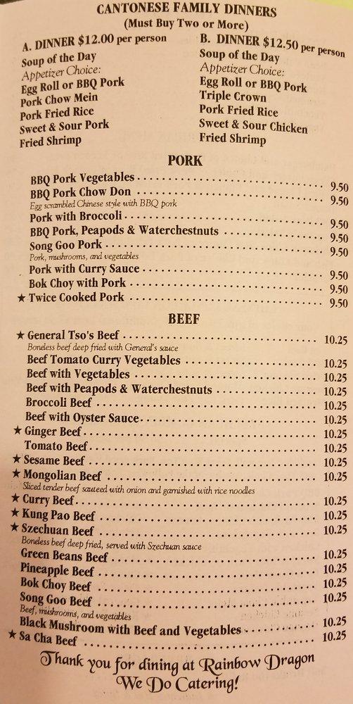 Menu at Rainbow Dragon Restaurant, Portland