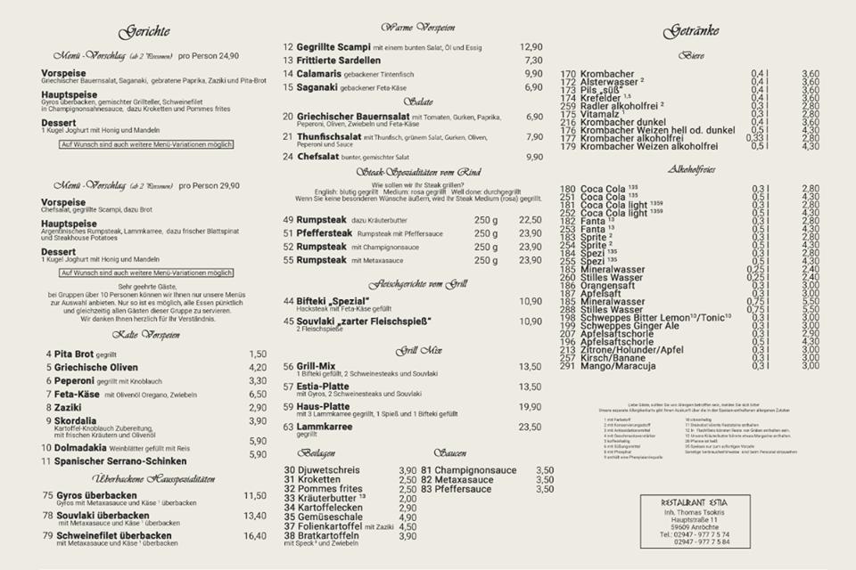 Menu au Restaurant Estia, Anröchte