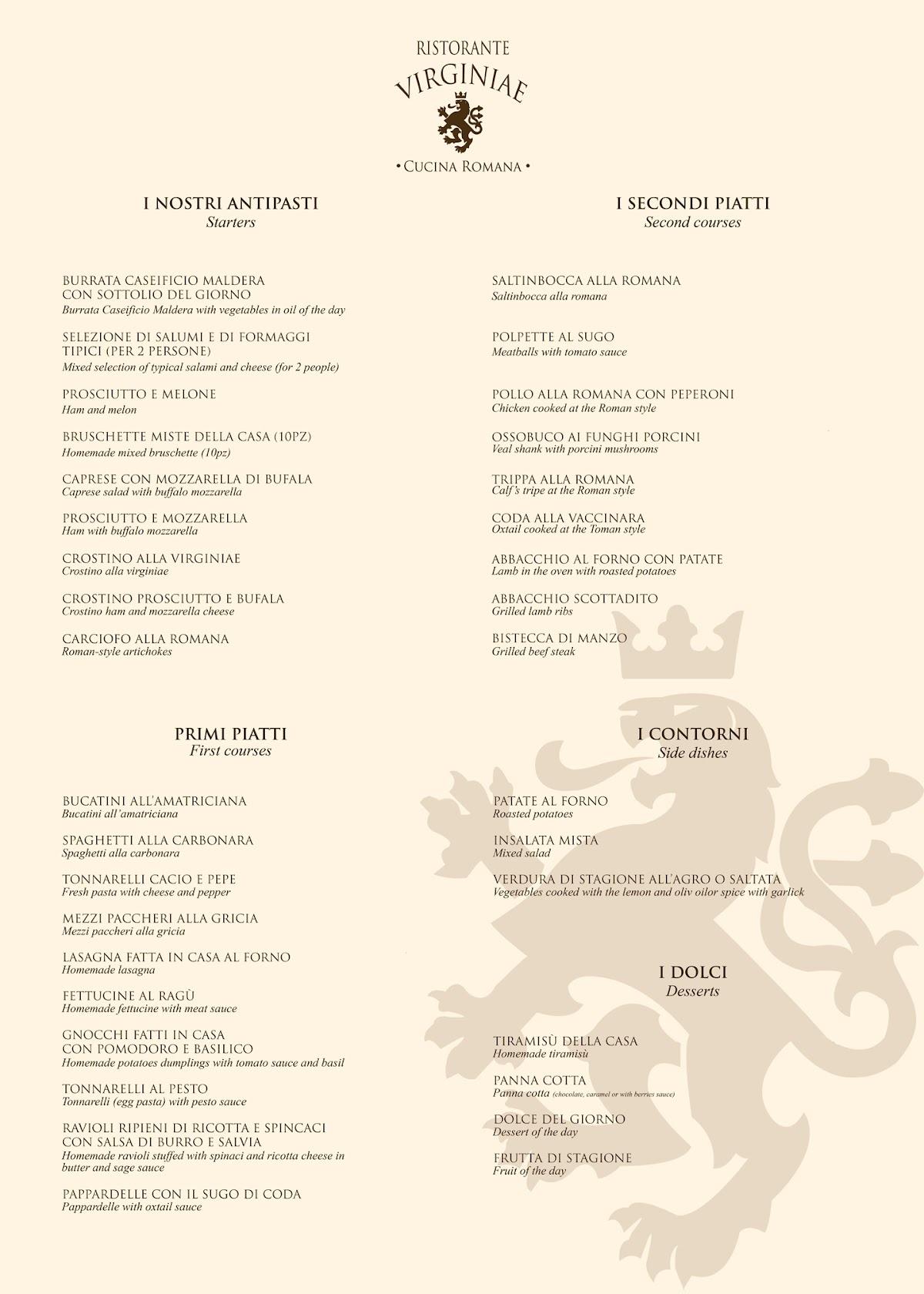 Menu at Ristorante Virginiae - Cucina Tipica Romana, Rome