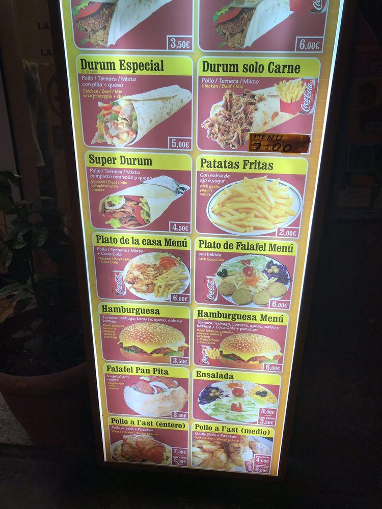 Menu at Sunrise Doner Kebab restaurant, Barcelona