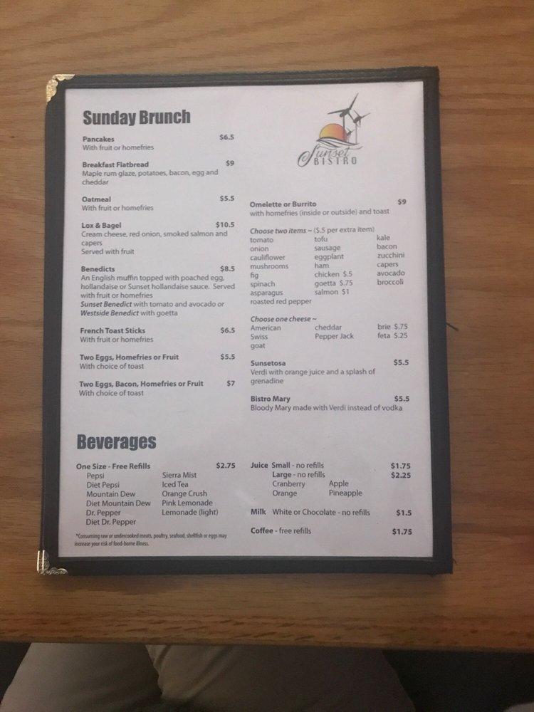 Menu at Sunset Bistro pub & bar, Bowling Green