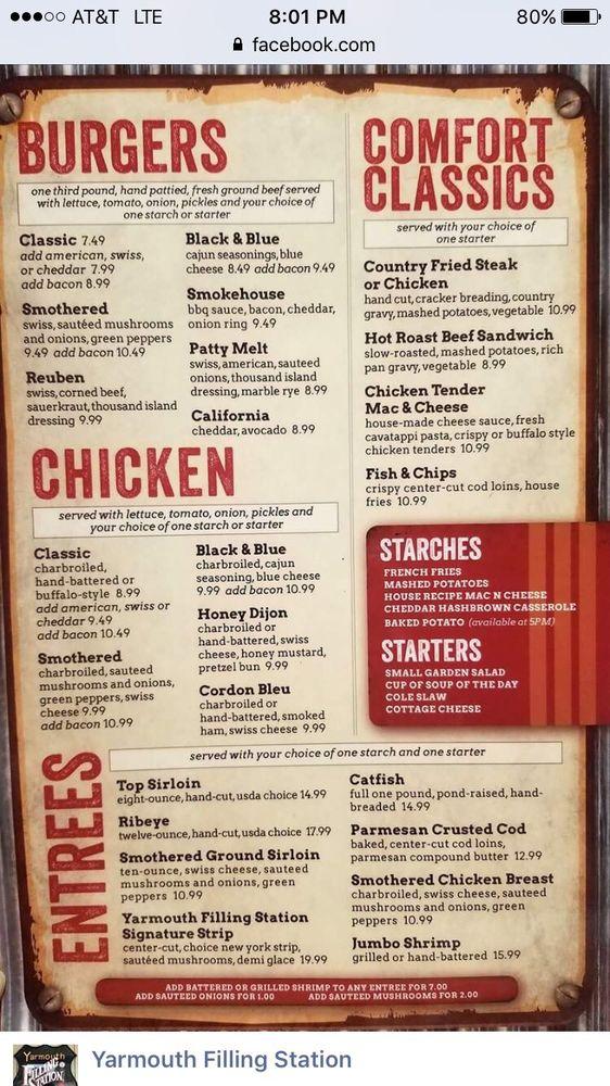 Menu at Yarmouth Filling Station restaurant, Yarmouth