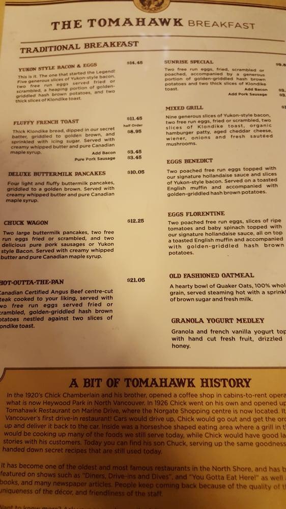 Menu at Tomahawk Restaurant, North Vancouver