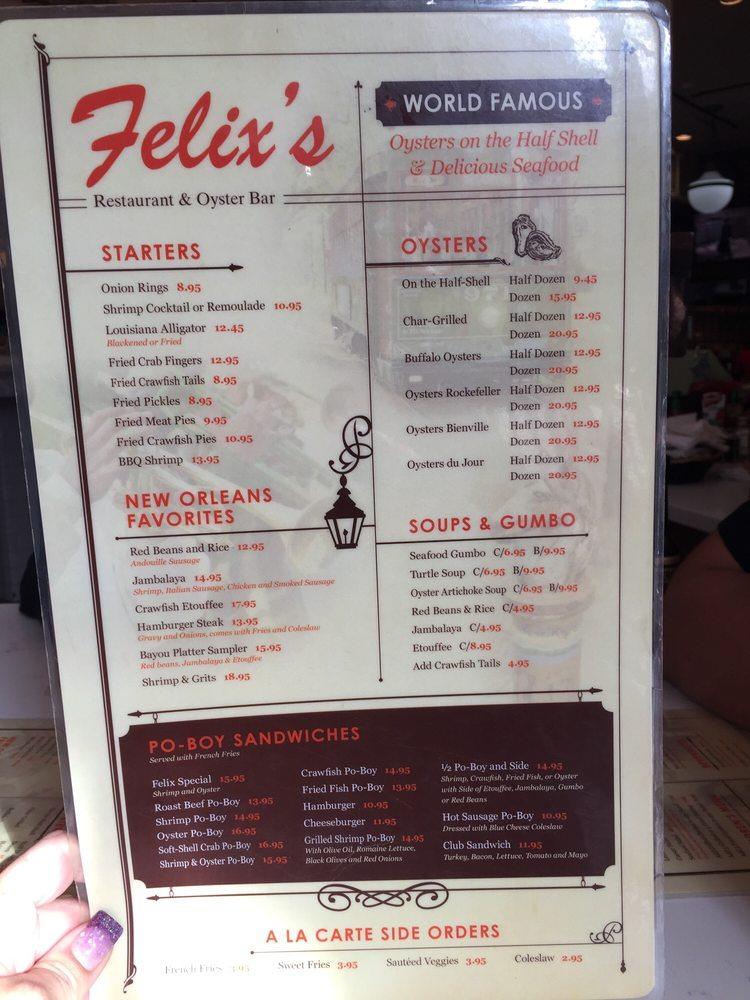 Menu at Felix's Restaurant & Oyster Bar, New Orleans, 739 Iberville St