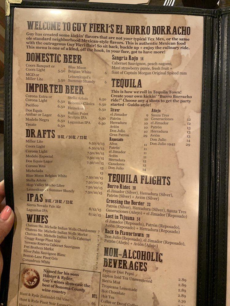 Menu at Guy Fieri's El Burro Borracho restaurant, Laughlin