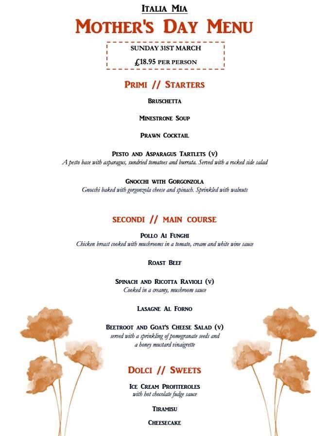 Menu at Italia Mia restaurant, Manchester