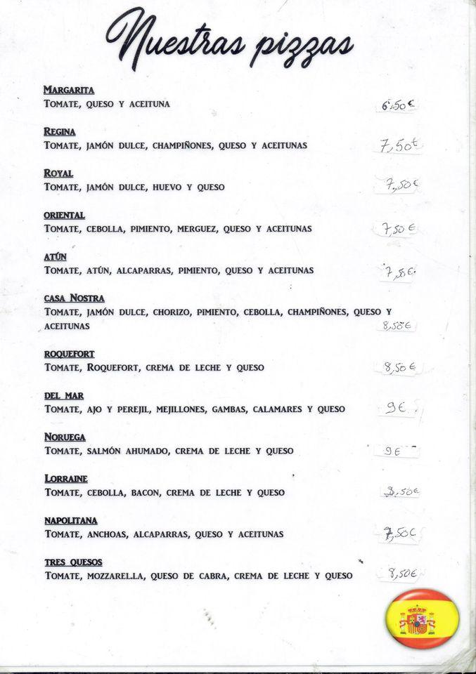 Menu at La Casa Nostra pizzeria, L'Escala, Avenida Montgo 53