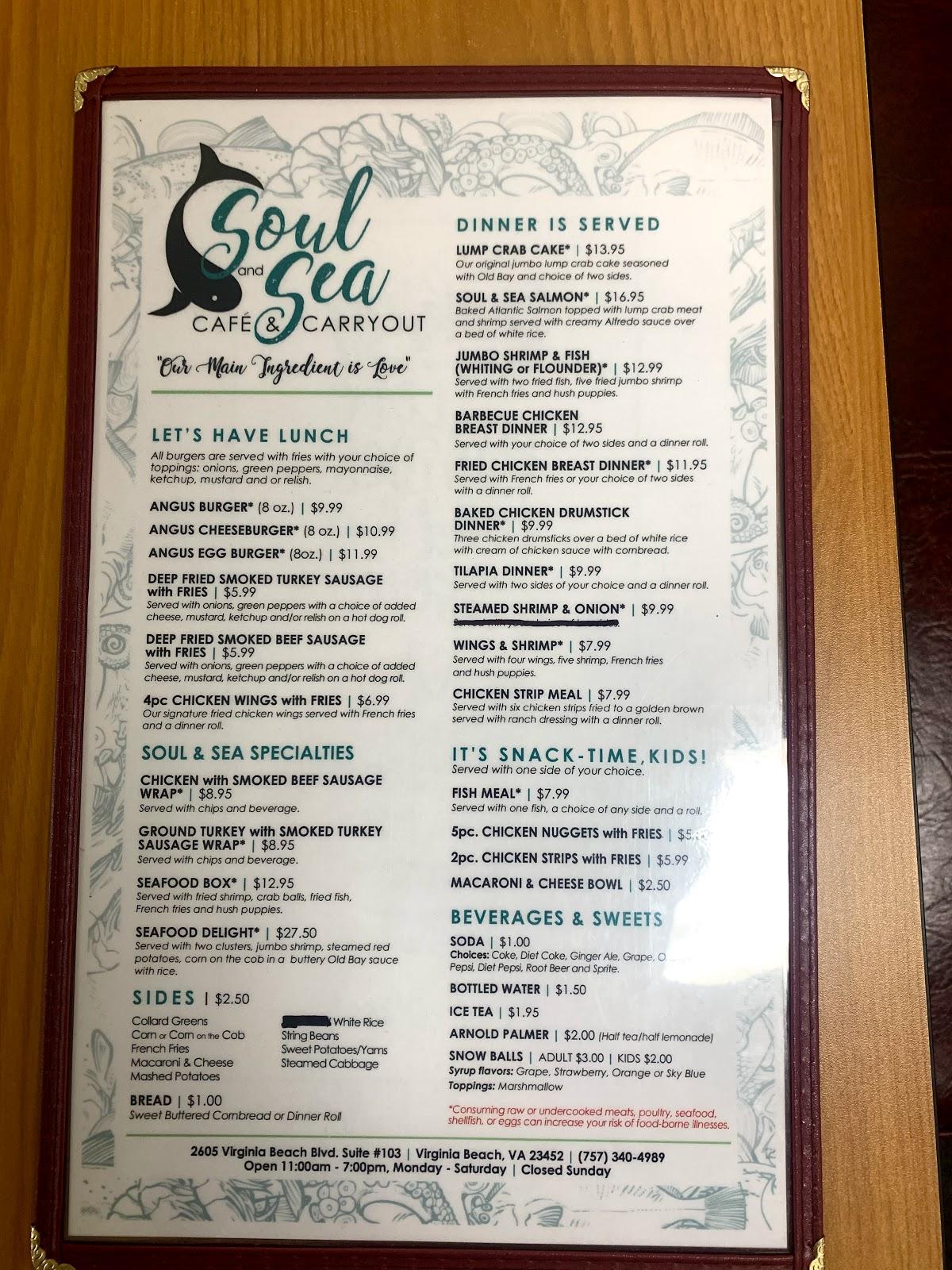 Menu at Soul & Sea Cafe & Carryout, Virginia Beach