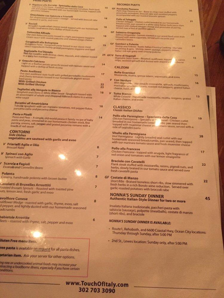 Carta del restaurante Touch of Italy, Ocean City