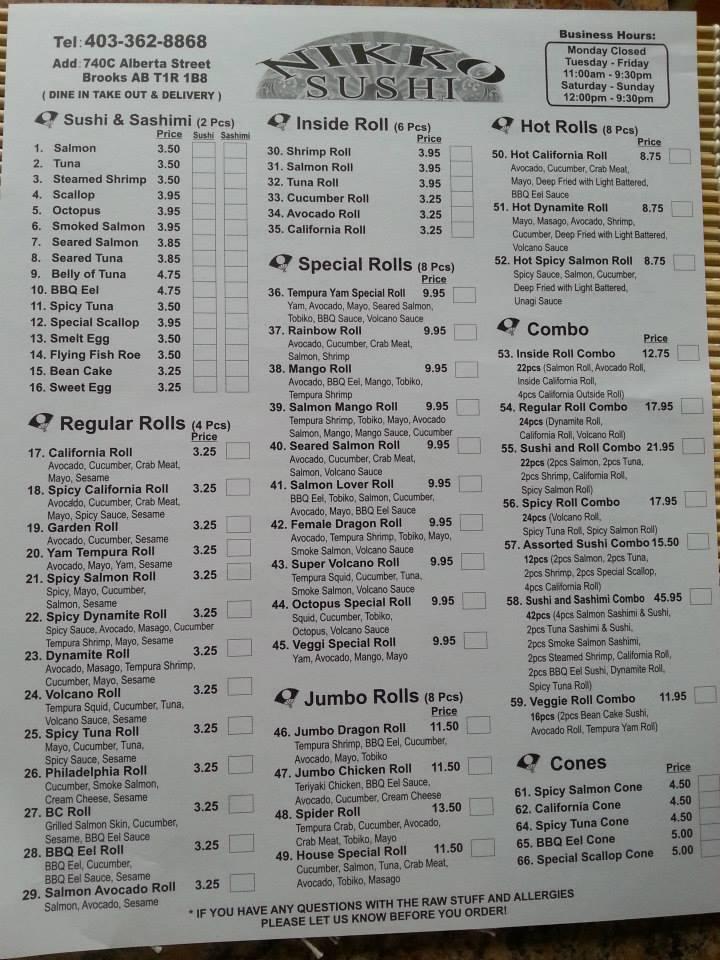 Menu at Nikko Sushi restaurant, Brooks