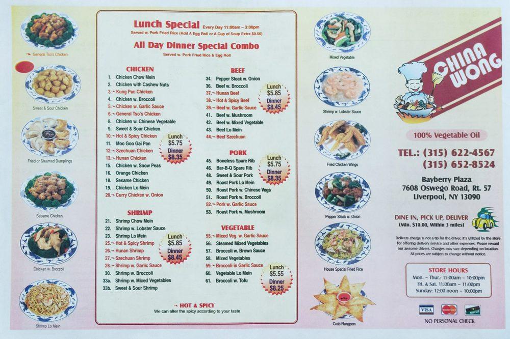 Menu at China Wong's restaurant, Liverpool
