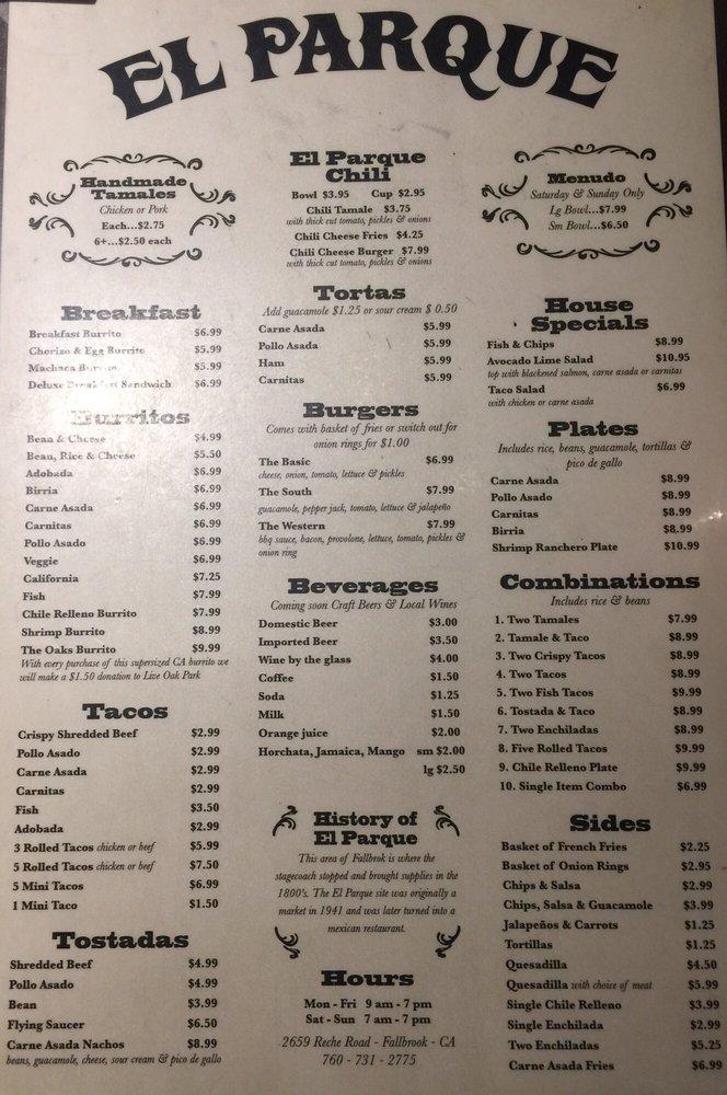 Menu at El Parque restaurant, Fallbrook, Reche Rd