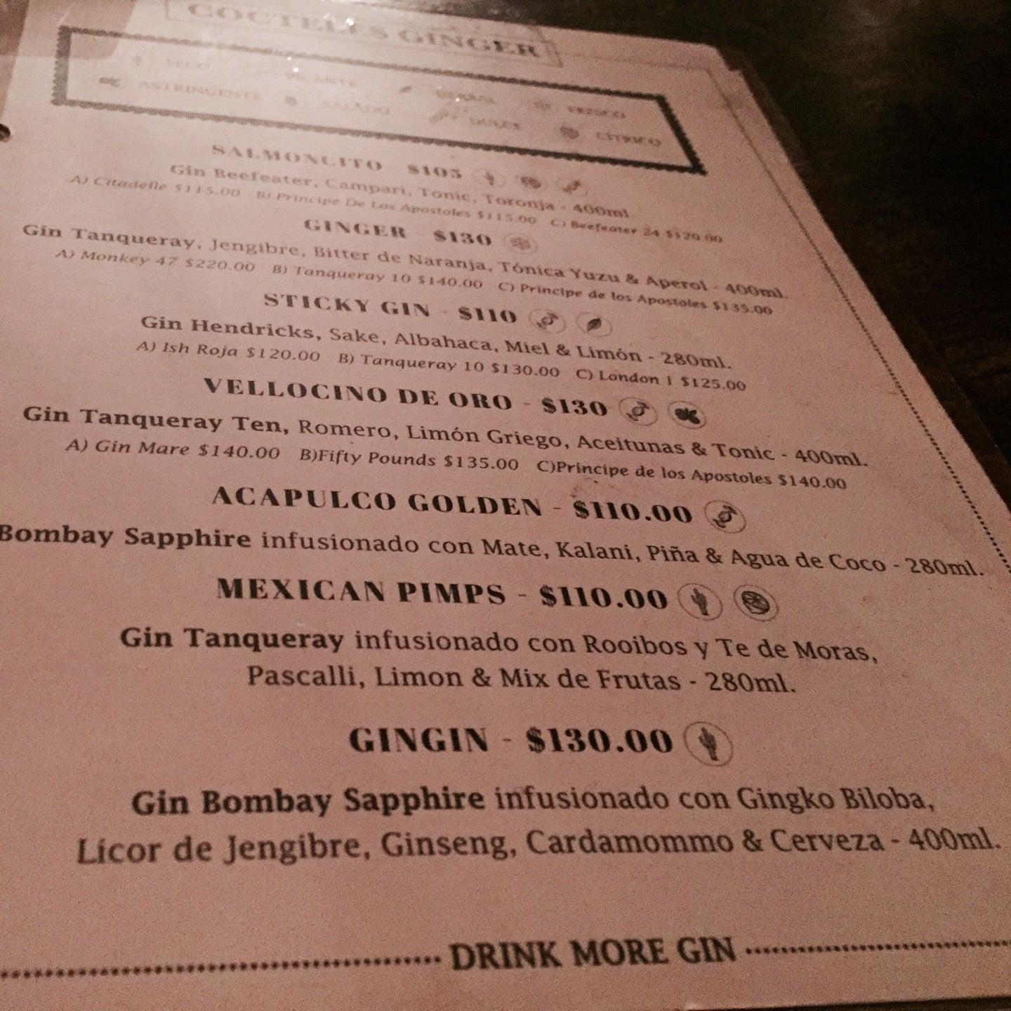 Menu at Ginger by Gin Gin pub & bar, Guadalajara