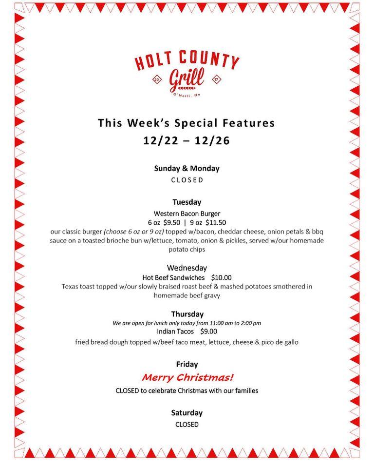 Menu at Holt County Grill restaurant, O'Neill
