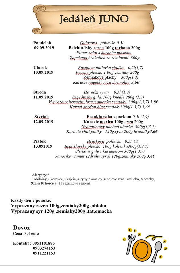 Menu at Jedalen juno restaurant, Rimavská Sobota