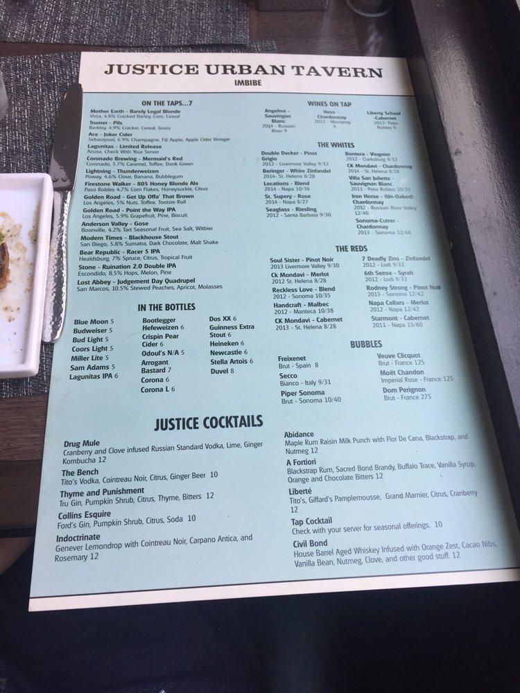 Menu at Justice Urban Tavern pub & bar, Los Angeles