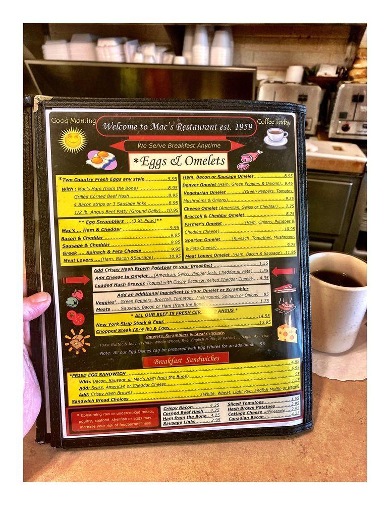 Menu at Mac's Restaurant, Park Ridge