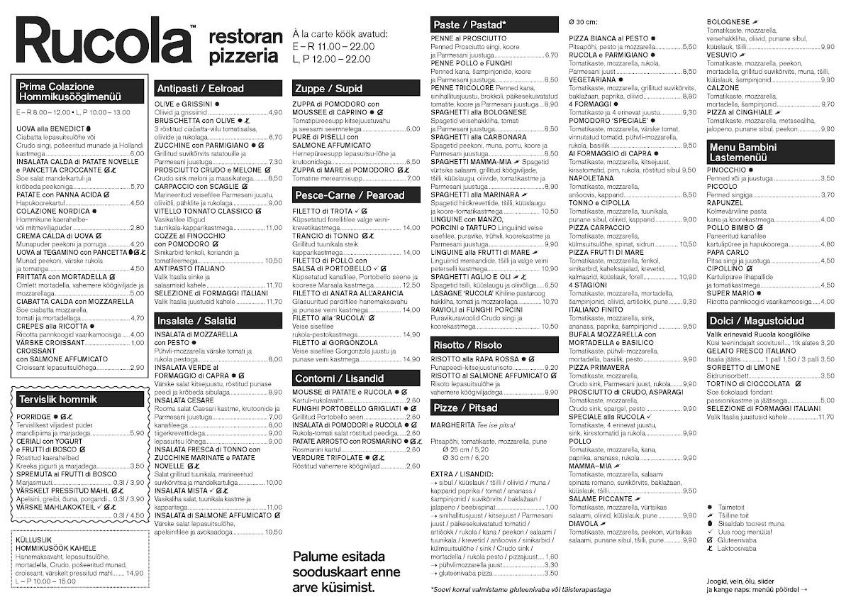 Menu at Rucola restoran & pizzeria, Tallinn