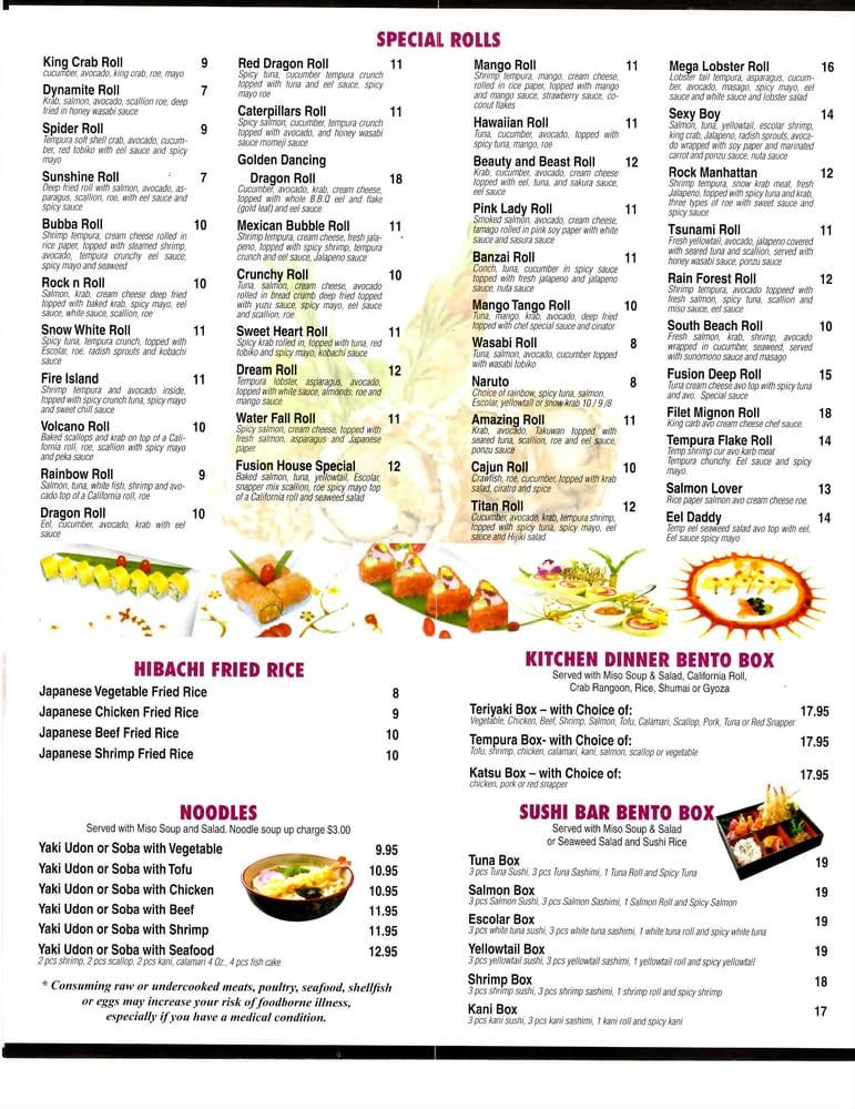 Menu at Sashimi Fusion restaurant, Jacksonville, Monument Rd #5