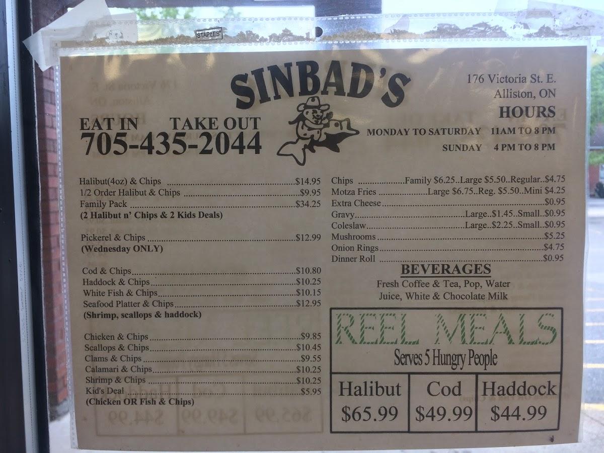 Menu at Sinbad's Fish & Chips restaurant, New Tecumseth, 176 Victoria St E