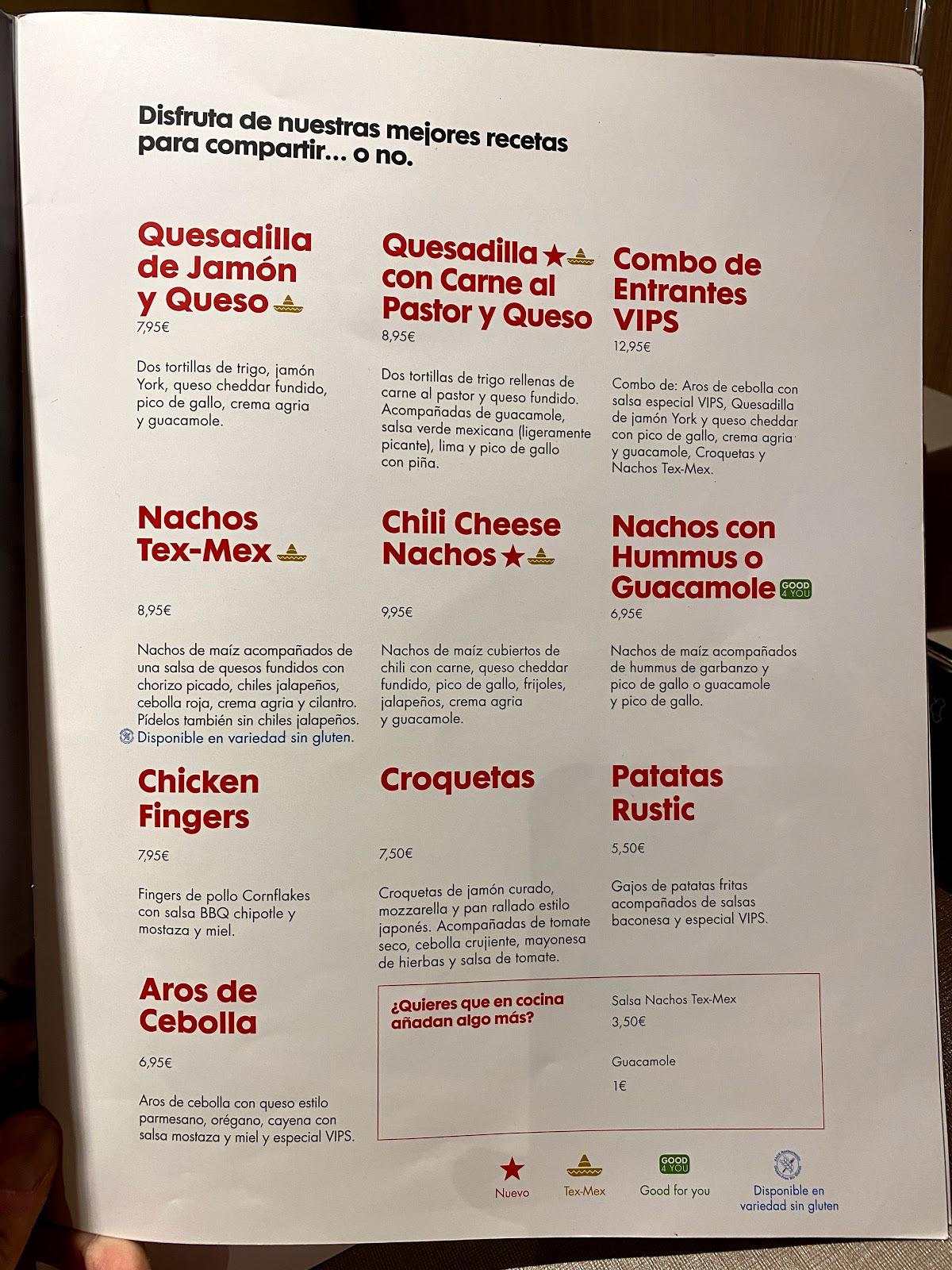 Carta del restaurante VIPS, Madrid, Calle del Padre Damián