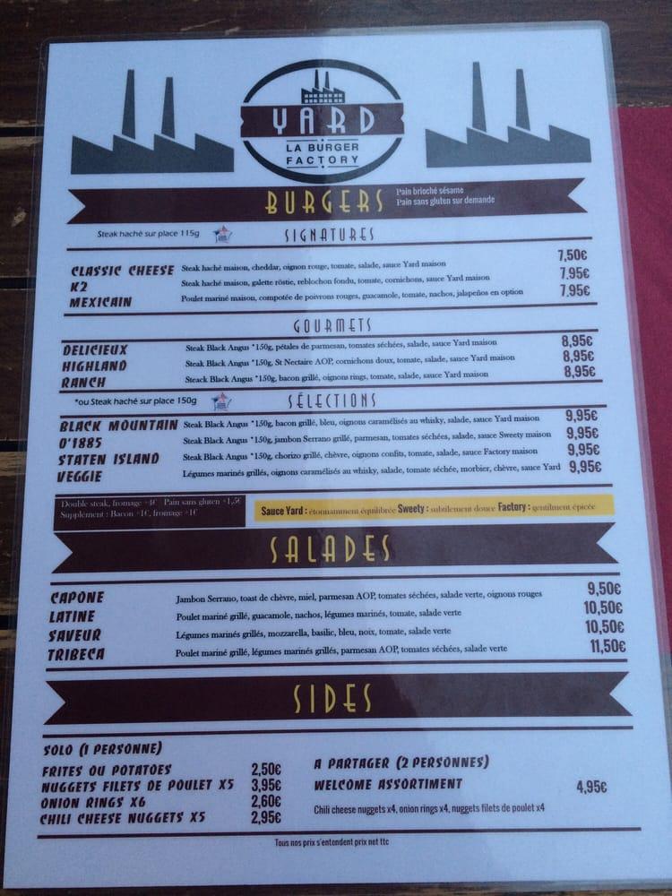 Menu at Yard La Burger Factory fast food, Toulouse