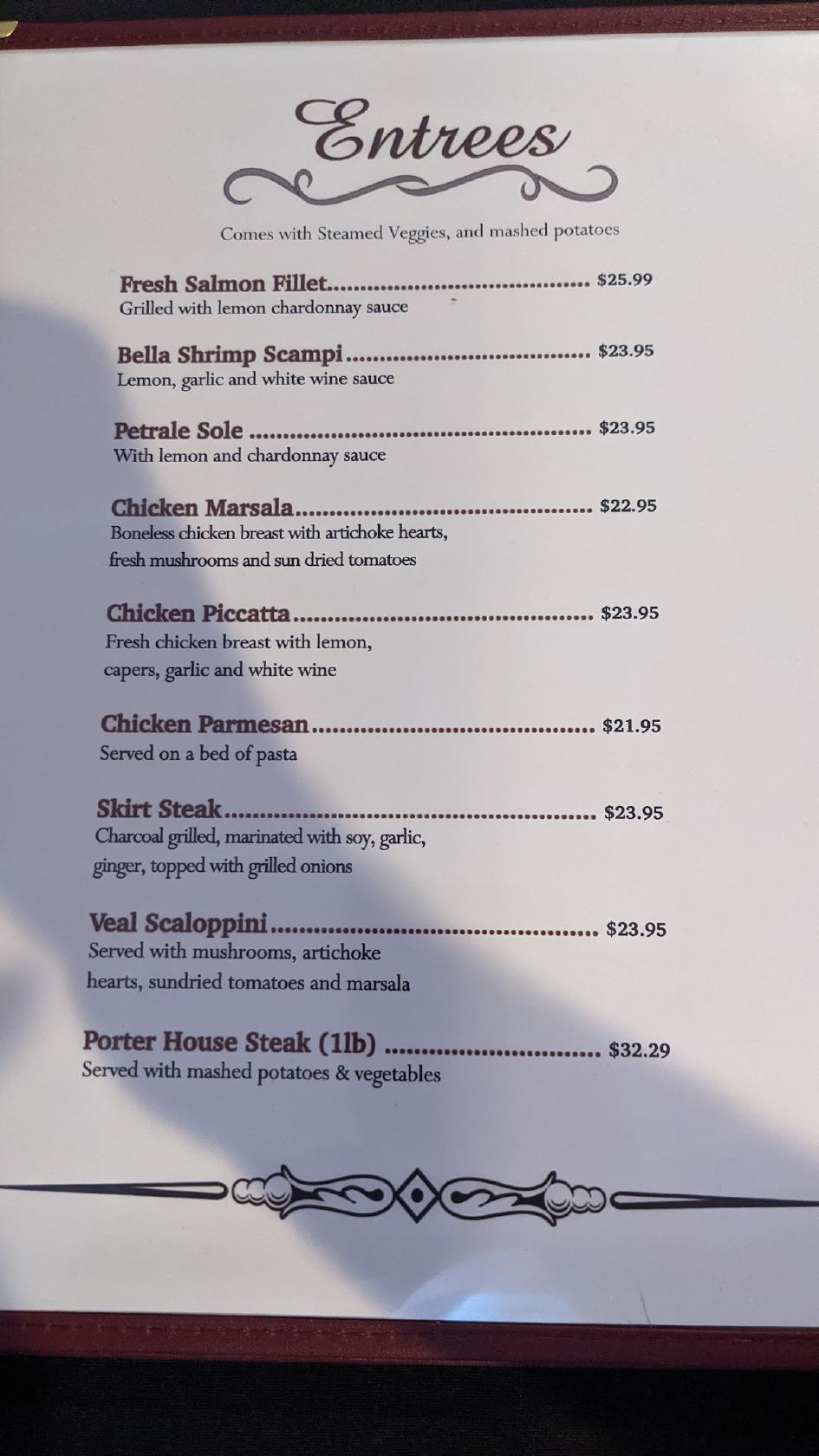 Menu at Bella Italia restaurant, Fortuna
