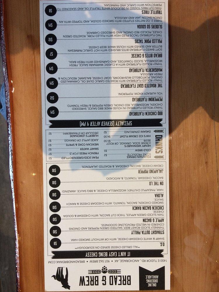 Menu at Bread and Brew pub & bar, Anchorage